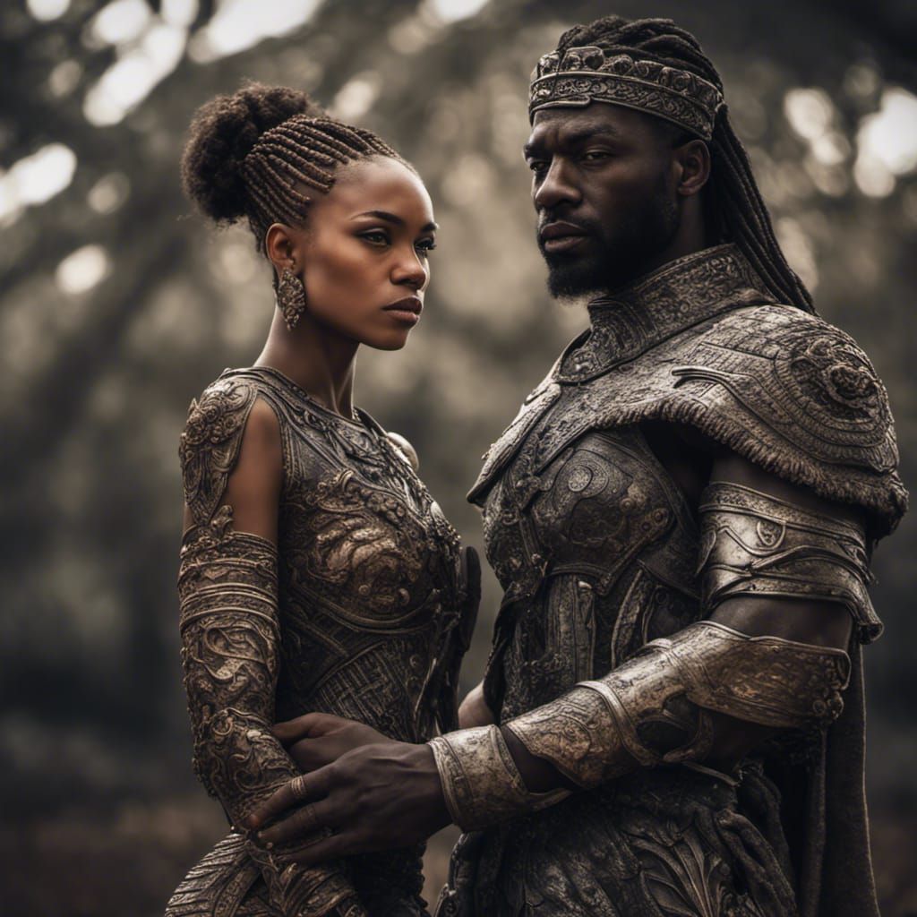 Tall black warrior king with an arm around his Queen. - AI Generated ...