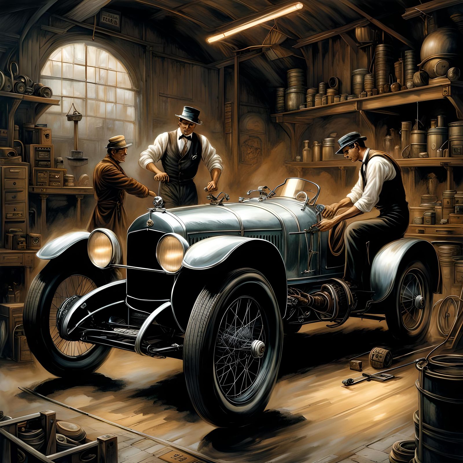 Two men working on a 1920s racecar in a vintage garage. - AI Generated ...