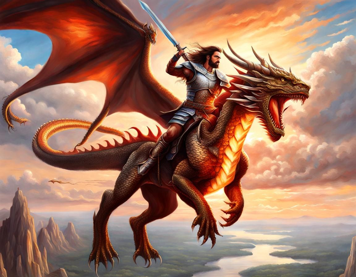 Dragon Warrior - Warrior Riding Dragon Acrylic Painting Mast...