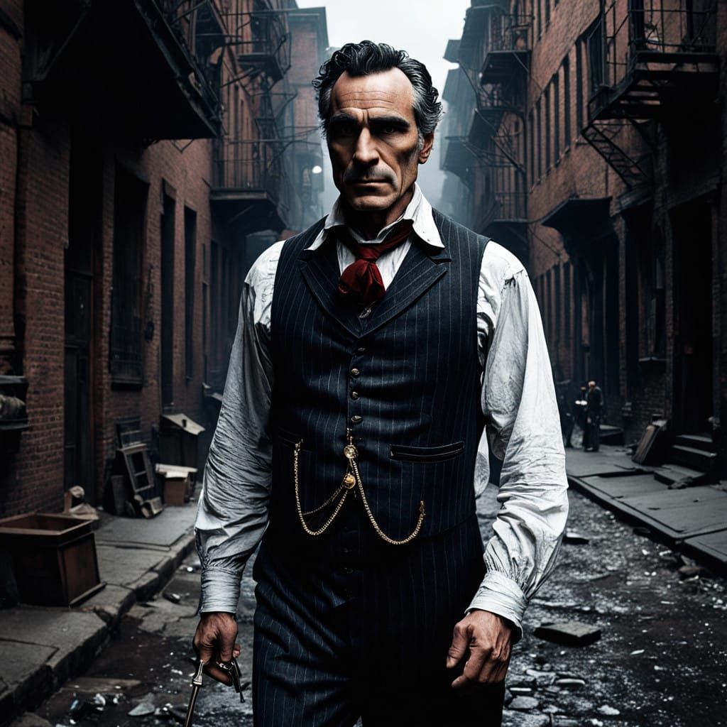 Daniel Day Lewis as Bill "The Butcher" Cutting, dressed in a worn, 19th ...