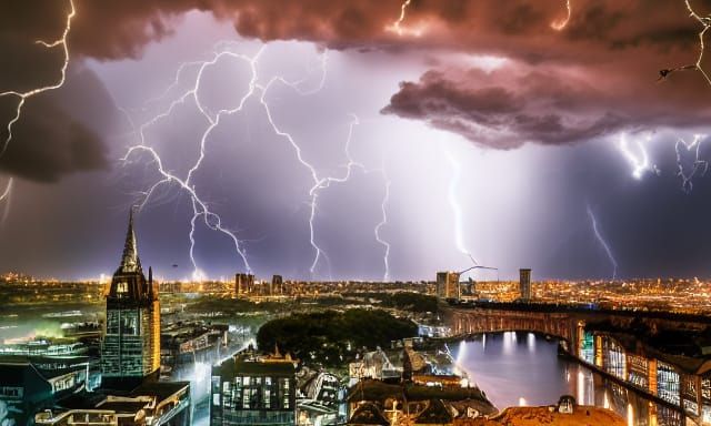 City in magnificent thunderstorm with multiple lightning strikes ...