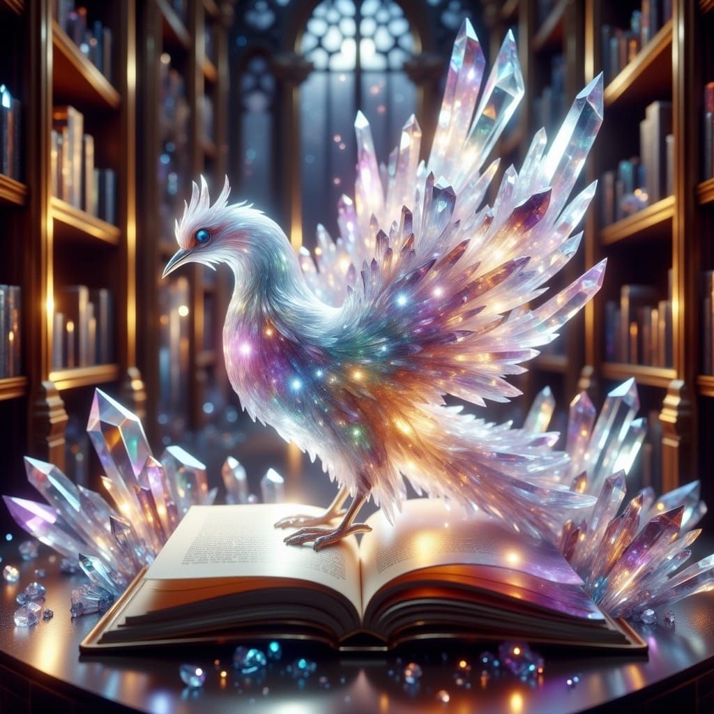 Crystal bird in the library - Crystal Avian Amidst Ancient T...