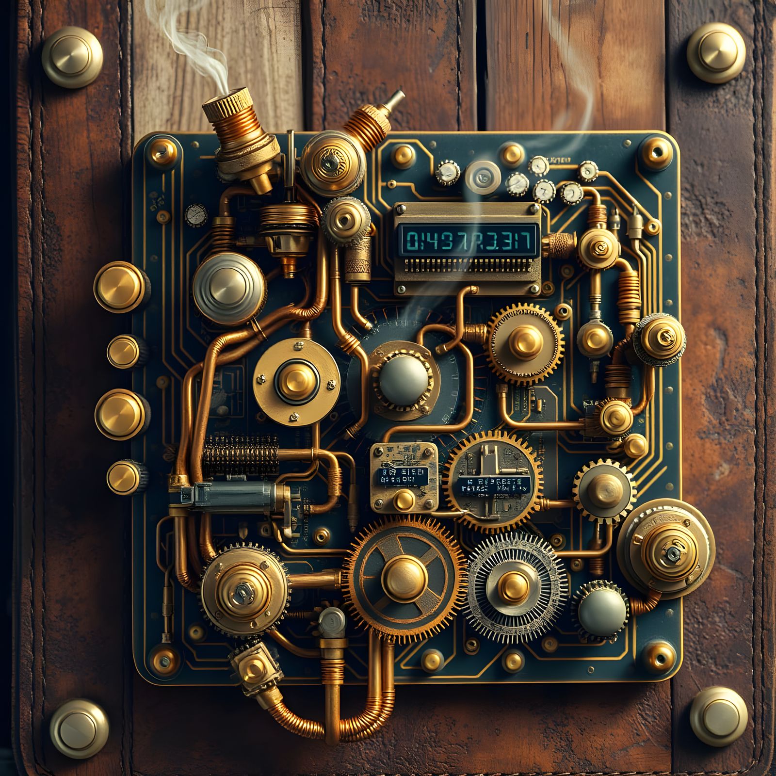 Circuit Board Abstract Image prompt upload Add gears brass cogs and steam escaping steampunk engine