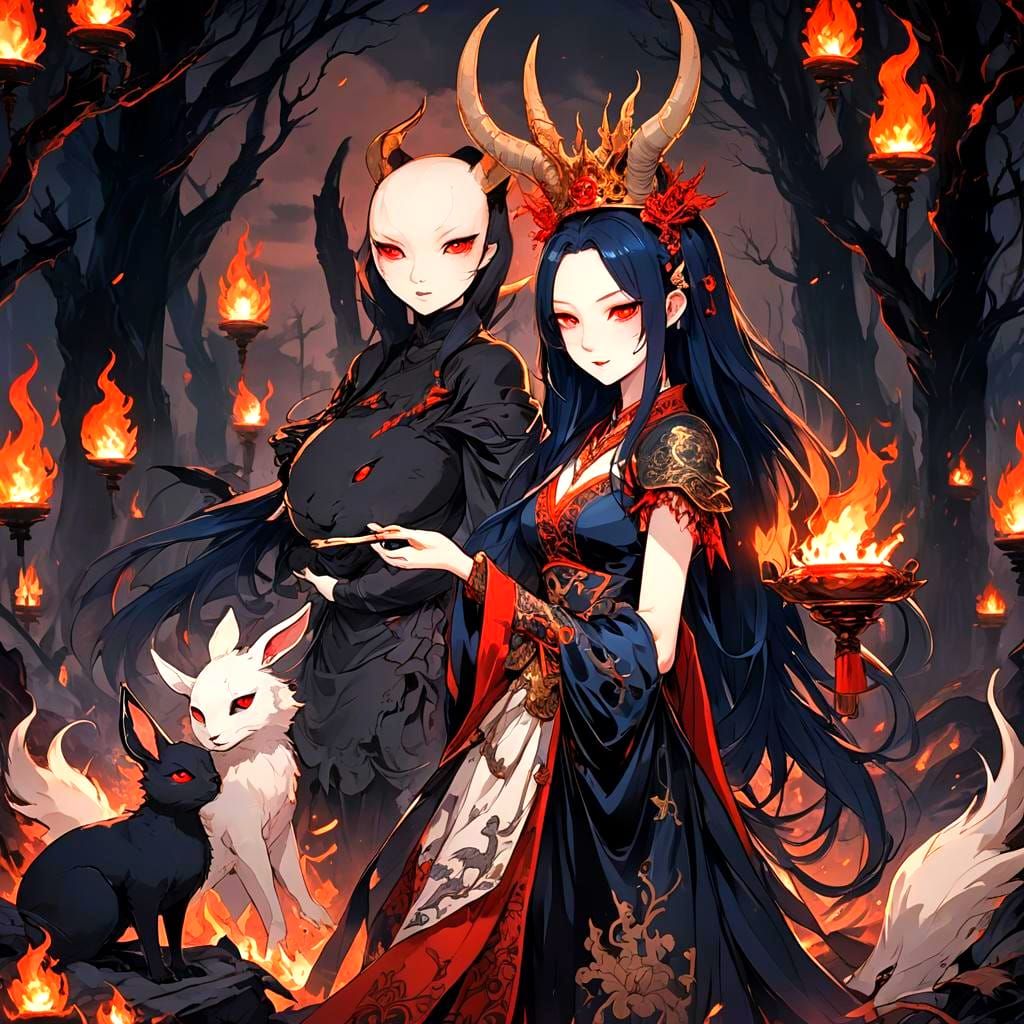 A young girl who is a demon in human form, with a black stuffed rabbit ...