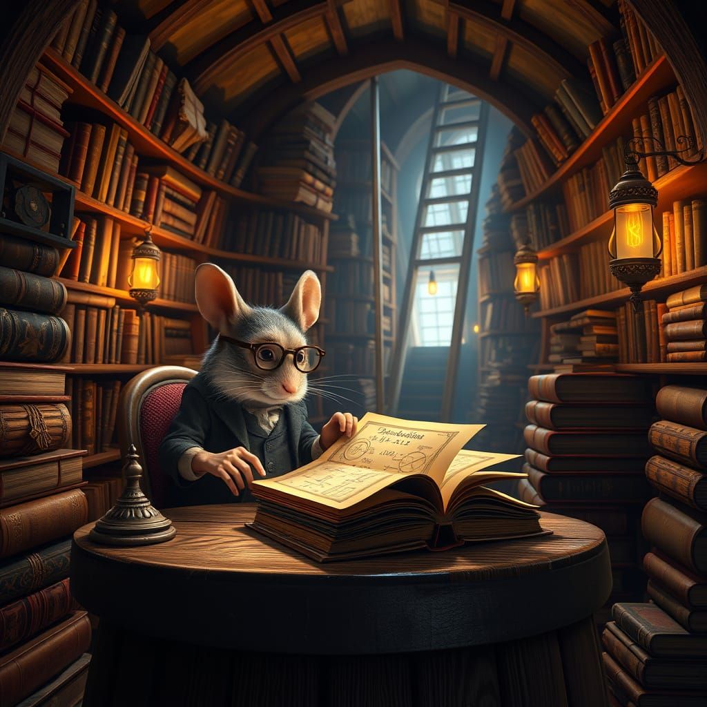 library in a barrel - A Scholarly Mouse in a Whimsical Barre...