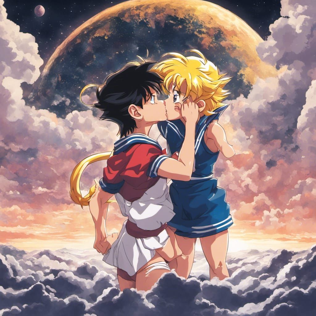 Young Sailor Moon kissing the young (un)Masked Man in the clouds - AI Generated Artwork ...