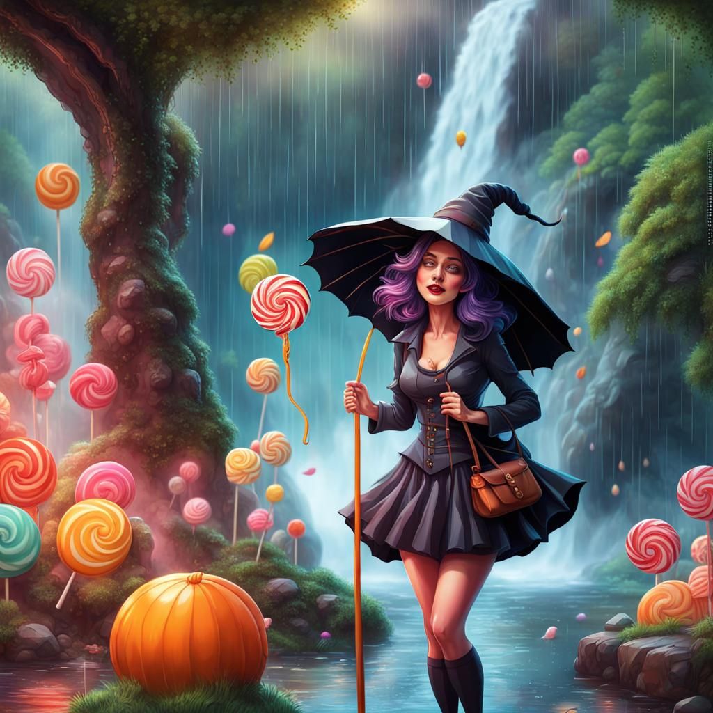 A Very Detailed Stunningly Beautiful Happy Witch, Holding An Umbrella ...