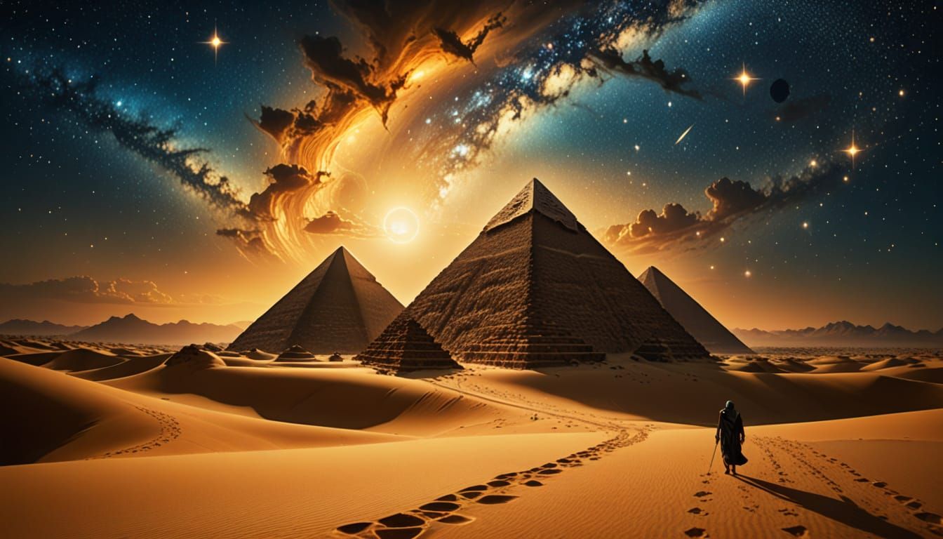 Floating Pyramids in Ethereal Golden Light - AI Art