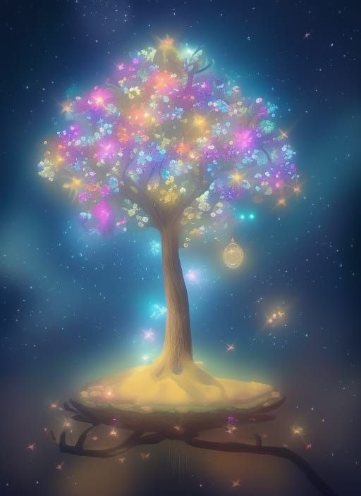 Glowing Fantasy Tree Surrounded By magical sparkles and Floating ...