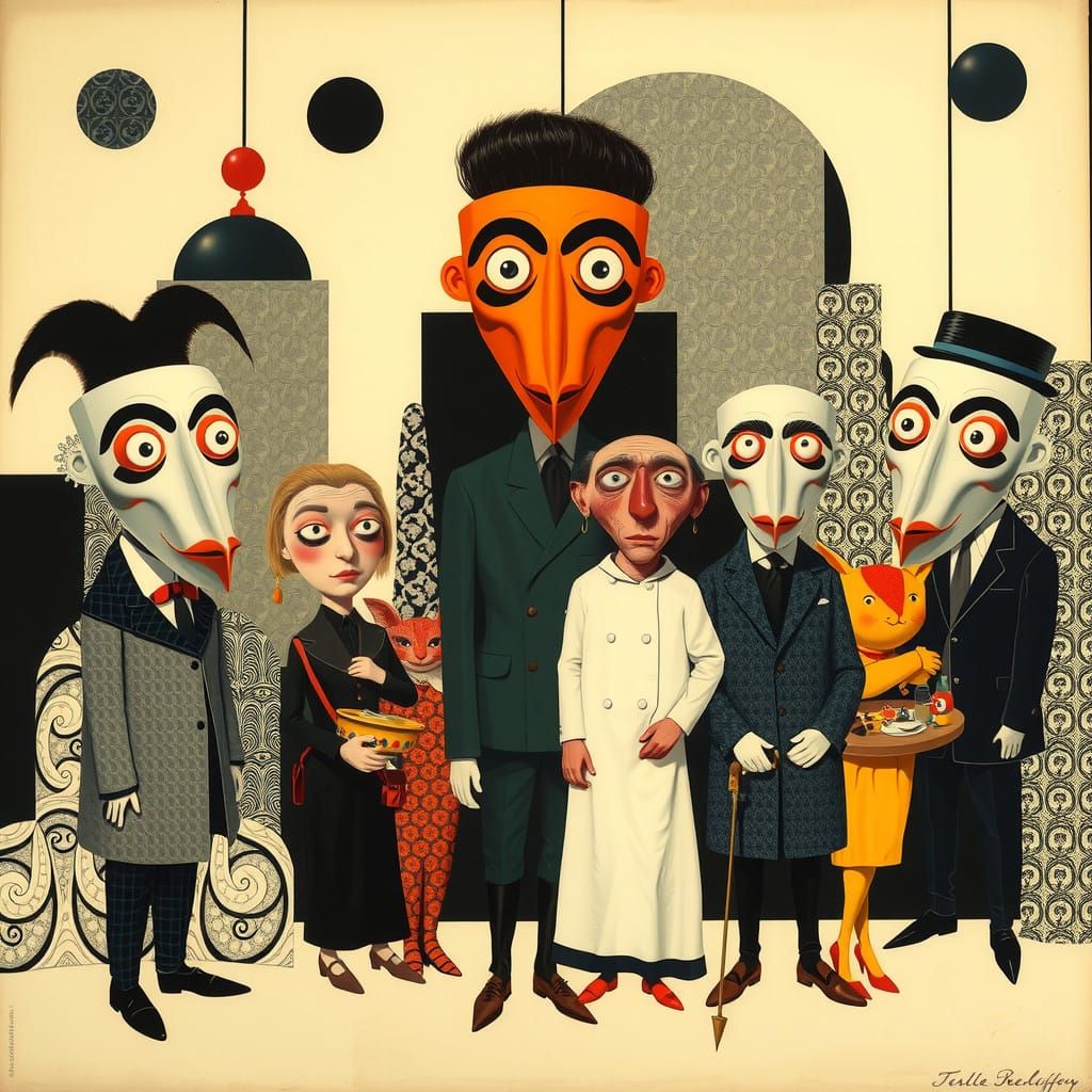 Whimsical bauhaus-inspired scene featuring a cast of comedic characters ...