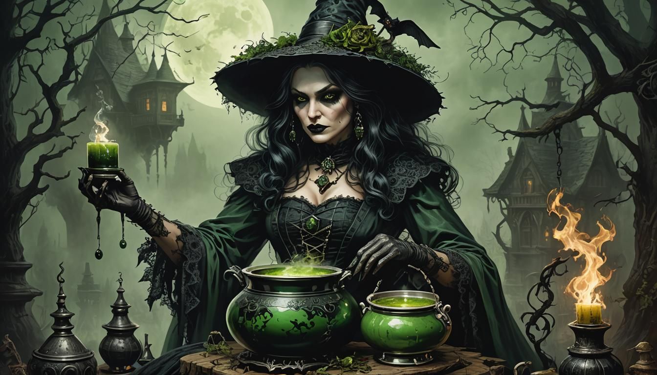 gothic dark green black lace victorian witch with poison cauldron ...