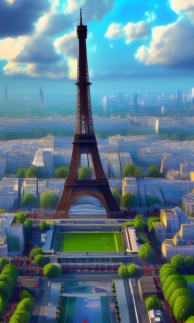 The Eiffel Tower from a nice view and the french city buildings with ...