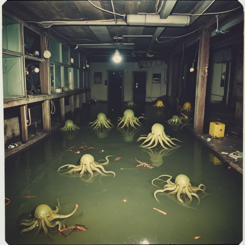 polaroid of dank flooded basement with Cthulhus just under the water ...