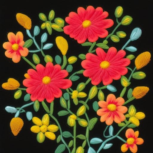 "embroidered flowers" dark background, dim colours - AI Generated ...