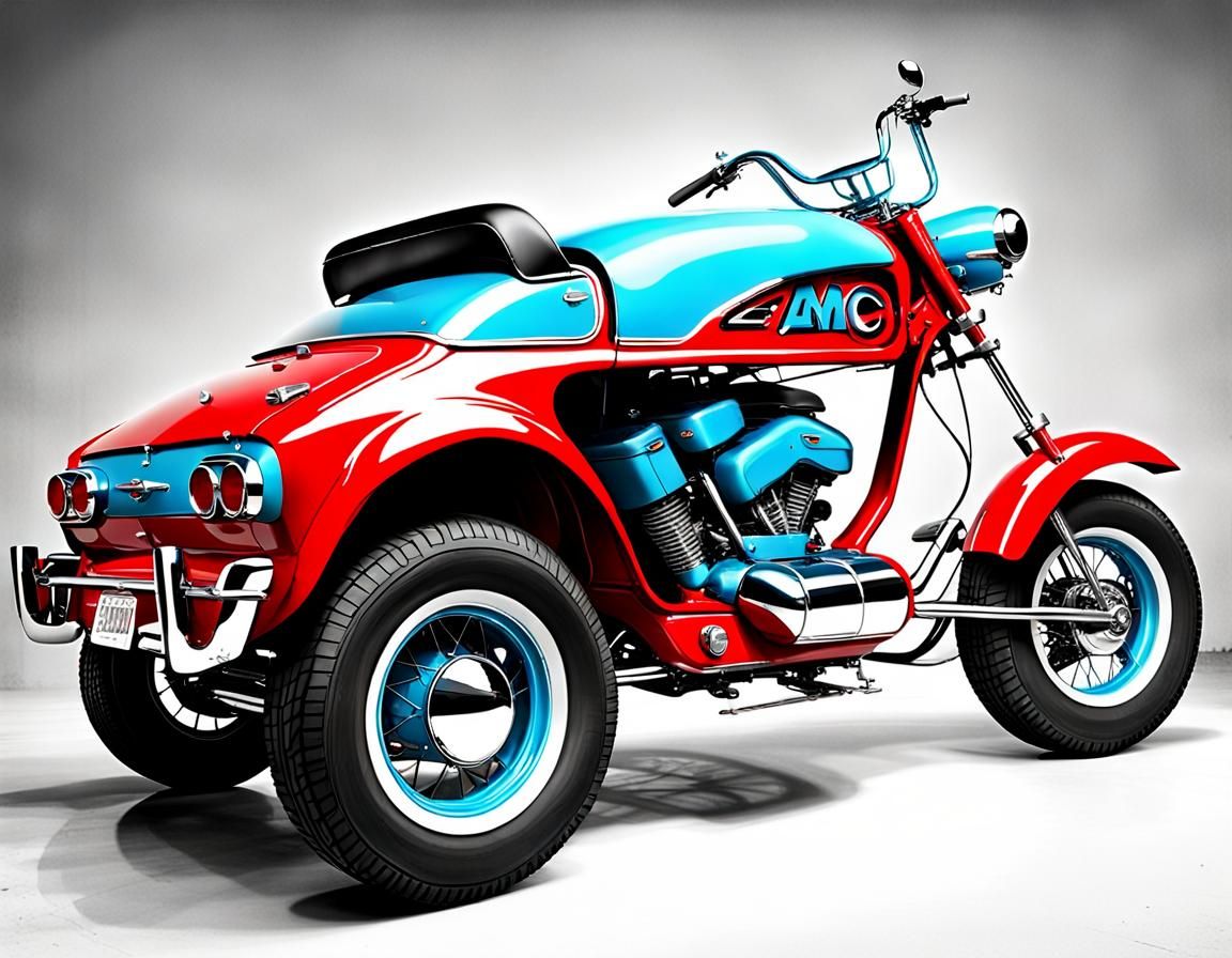 The back end of an AMC Gremlin car morphing into a chopper motorcycle ...