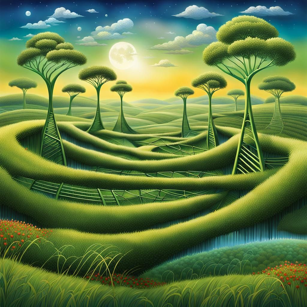 Visualize a unique and abstract landscape constructed from the elements ...