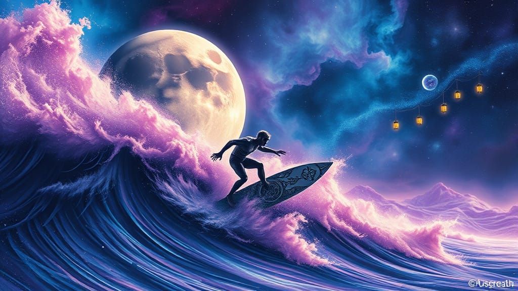 Ethereal Cosmic Surfer Rides Iridescent Space Dust... - AI Art