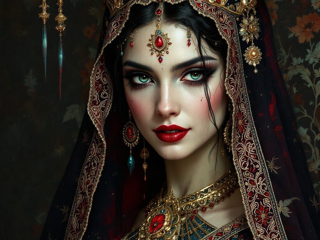 Gold drapes on her skin, a queen carved from fire and dusk, power ...