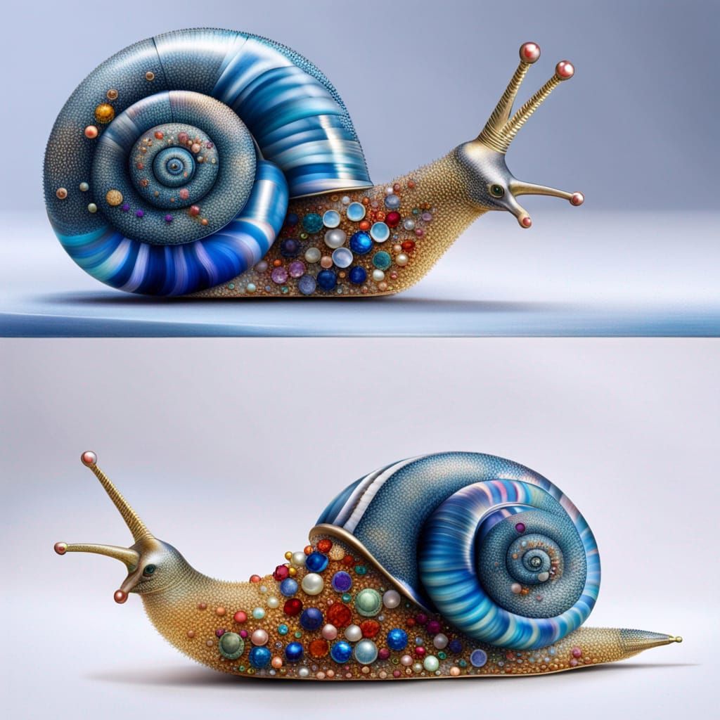 A very realistic blue fleshed snail, it has an elaborate shell made of ...