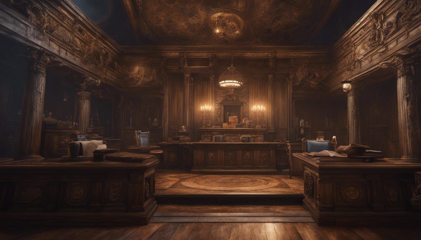 Western court room, large and ornate judge podium, sheriff standing to ...