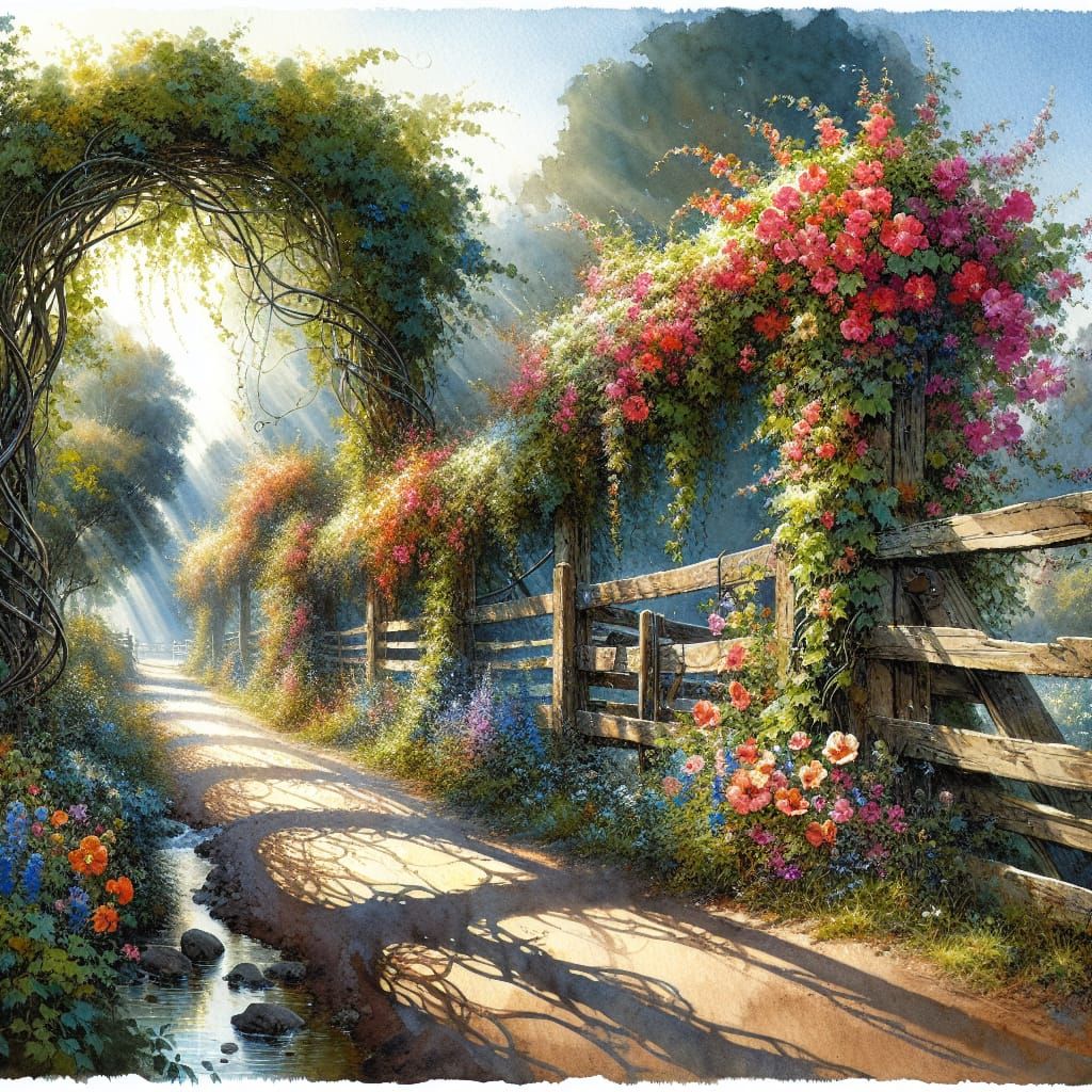 An old country road with an over abundance of flowers and overrun with ...
