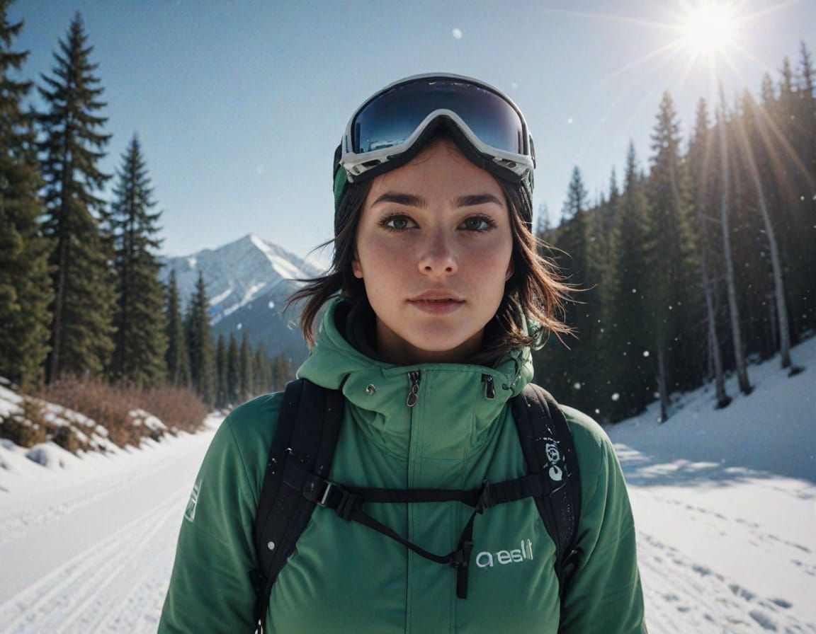 Young female snowboarder, with black hair tied behind head, dark hairy eyebrows, bright green ...