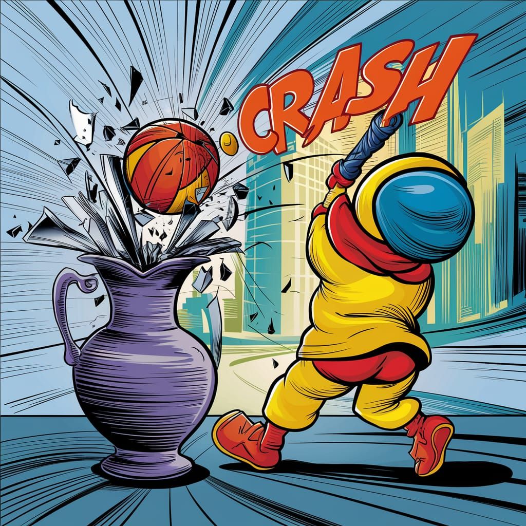 a child breaks a vase with a ball. It makes a "crash" noise. All in ...
