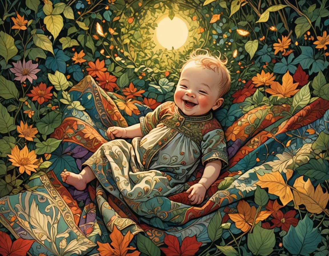 Whimsical Baby Lies on a Colorful Garden Blanket, ... - AI Art