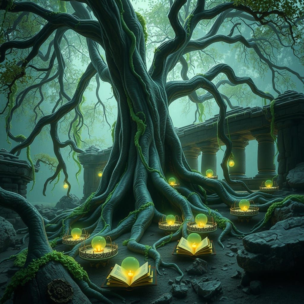 Ethereal Green Vines Bind Ancient Structures with ... - AI Art