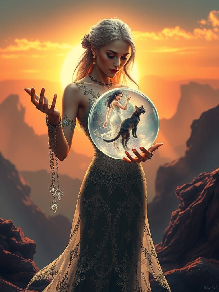 "an ancient woman sorcerer (sharp focus, perfect body) in filigree ...