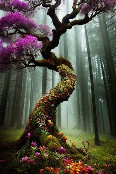 " intricate magic giant gnarled oak tree!!" Wildflowers, irises, A ...