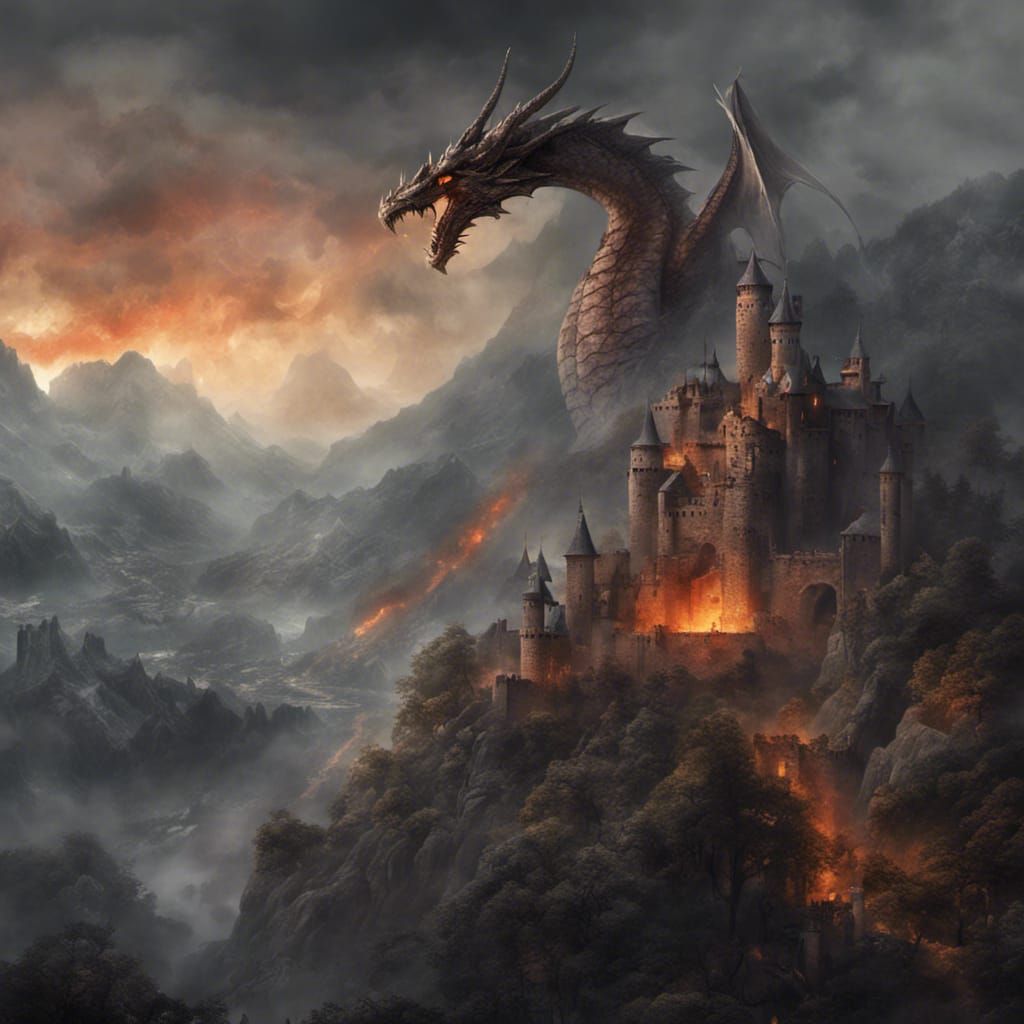 a dragon attacking a castle in a village in the middle of the mountains ...