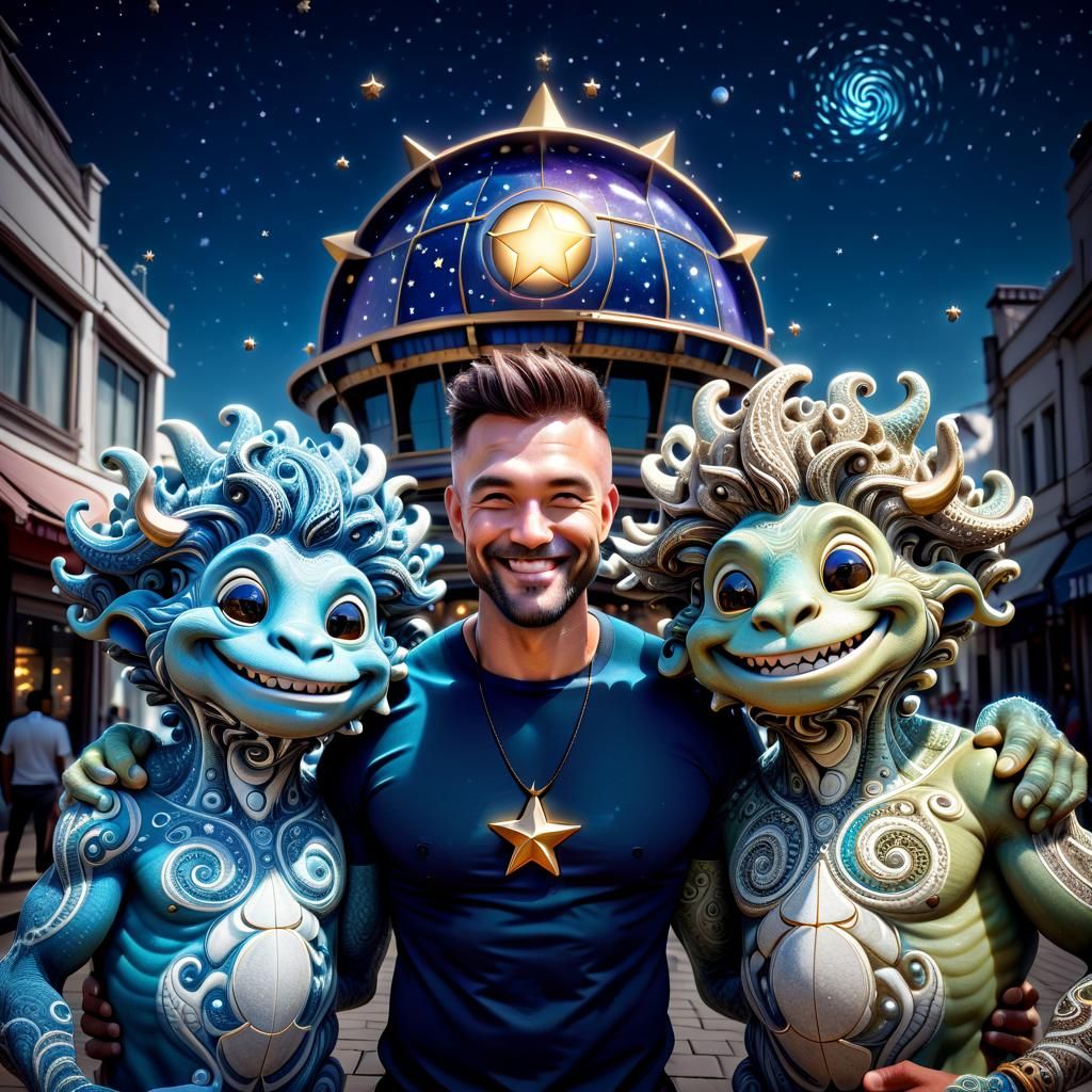 Handsome man with alien friends - AI Generated Artwork - NightCafe Creator