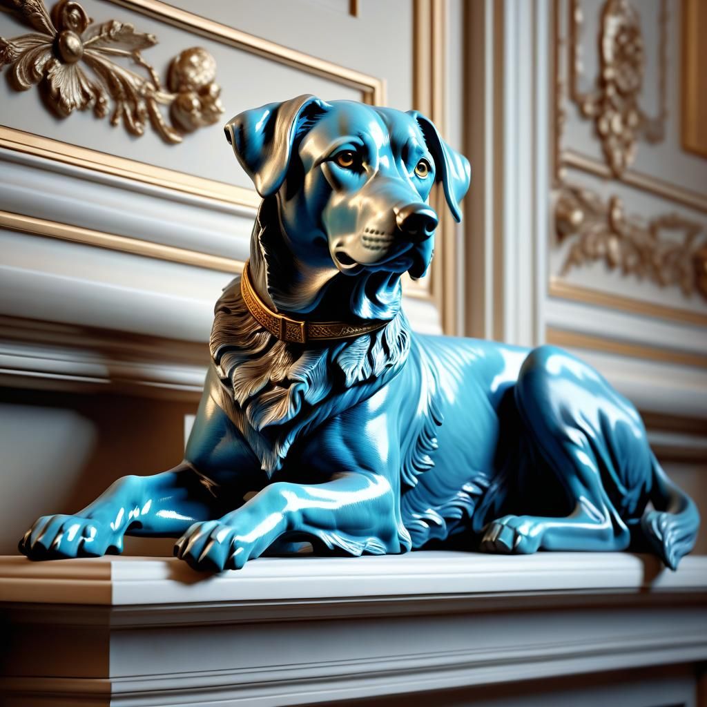 A small porcelain statuette of a reclining hunting dog standing on a ...