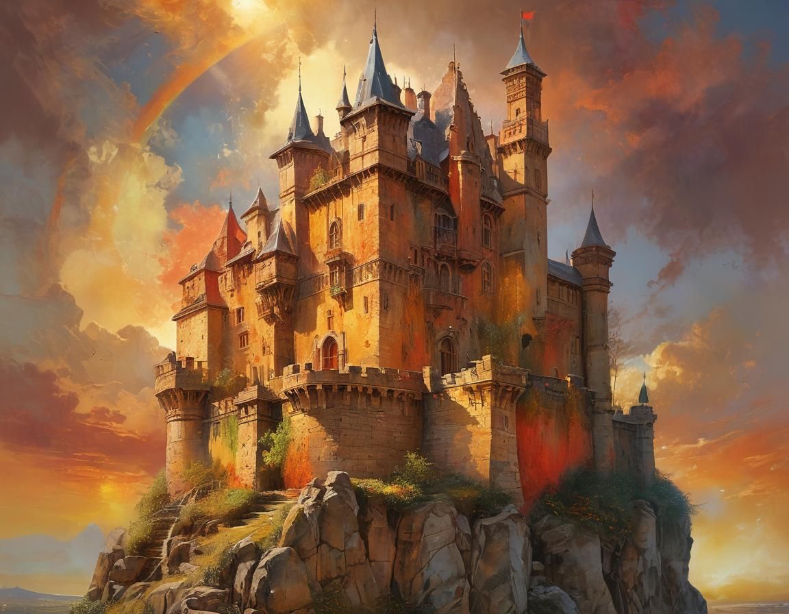 old castle - Vibrant Castle Scene in Traditional Watercolou...