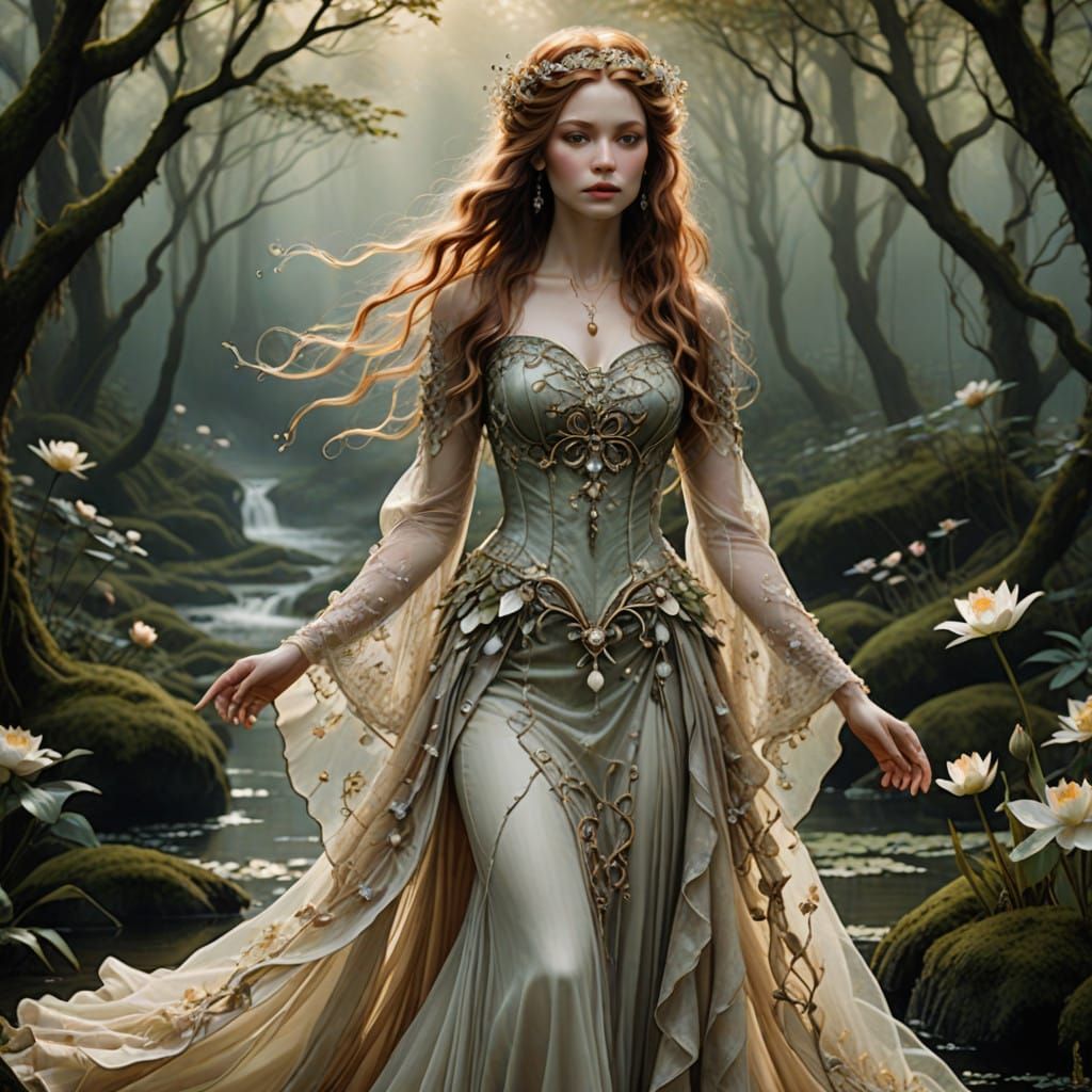 a beautiful fae woman with stunning gown made of the lotus flower ...