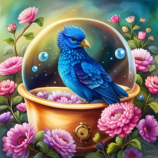 An adorable cute fluffy blue fenix in an intricate bubble bath with a ...