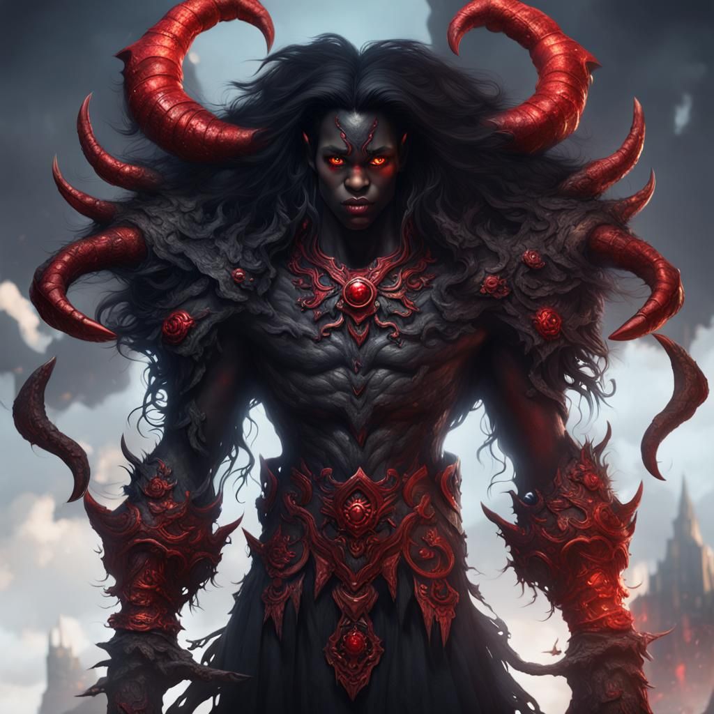 a demon who has dark skin big lips red eyes and fluffy black hair with ...