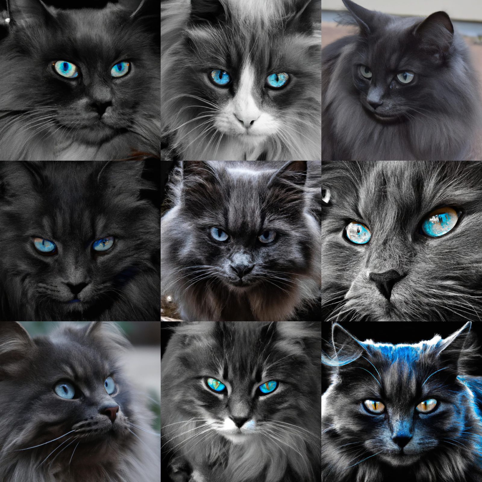Black and grey long hair cat, dark cobalt blue eyes, Hi-Def, Detailed ...