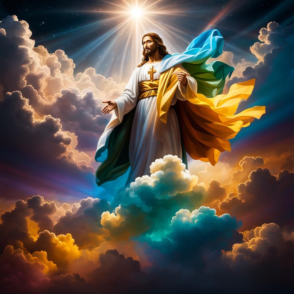 Lord Jesus Christ, 8k resolution concept art, backlit, in the clouds ...