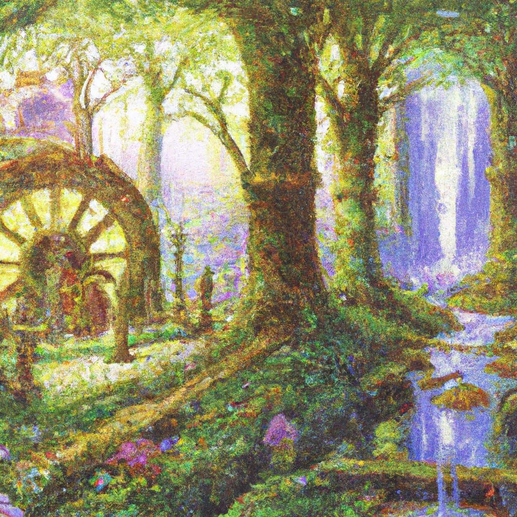 envision a magical waterwheel nestled deep within an enchanted forest ...