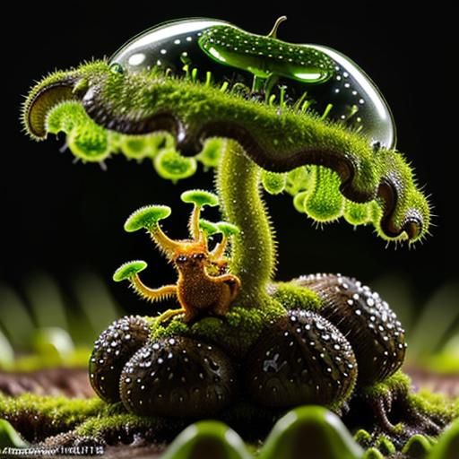 tiny cute creature, slime mold, fungus, moss, semi-transparent ...