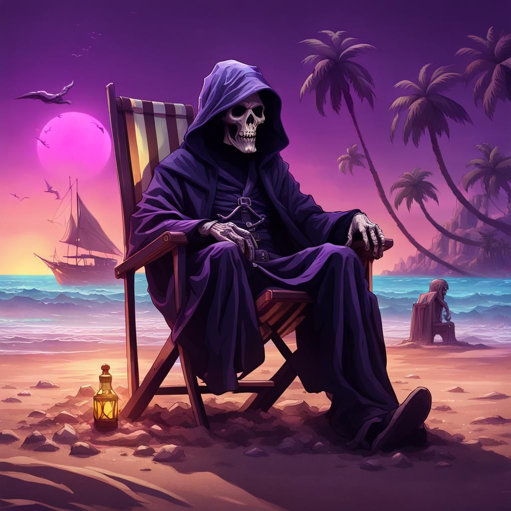 grim reaper on vacation on a beach in a lawn chair - AI Generated ...