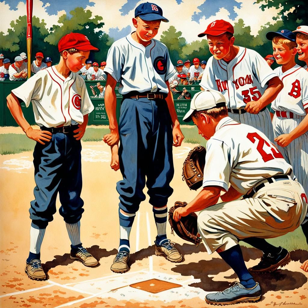 Art by Norman Rockwell, nostalgic baseball scene, vintage uniforms ...