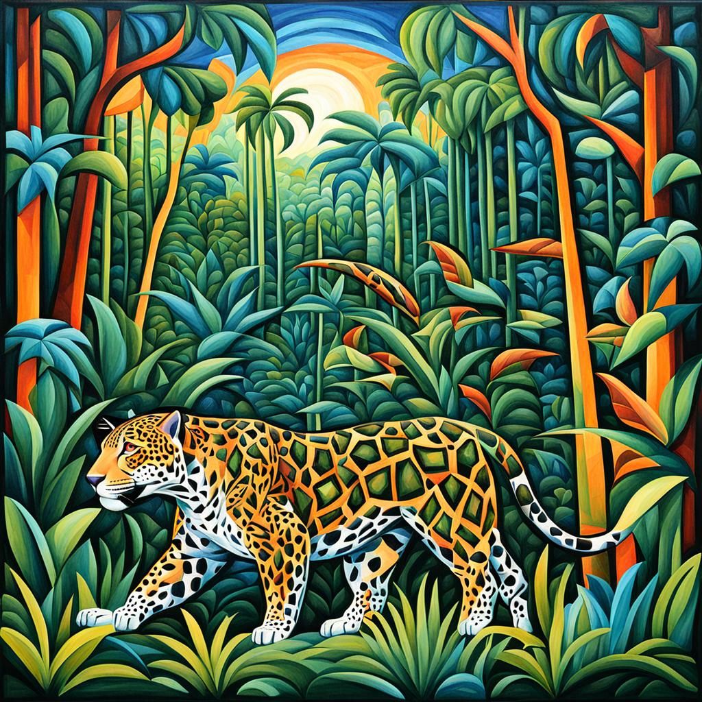 Surreal cubist dreamscape, jaguar on the prowl, in jungle, masterpiece ...