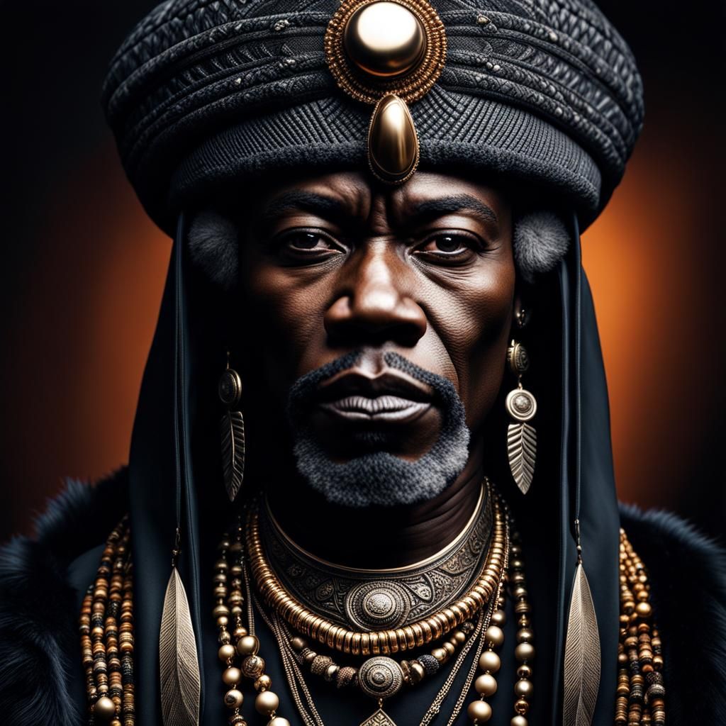 Hyperrealistic portrait of an african chief wearing intricately ...
