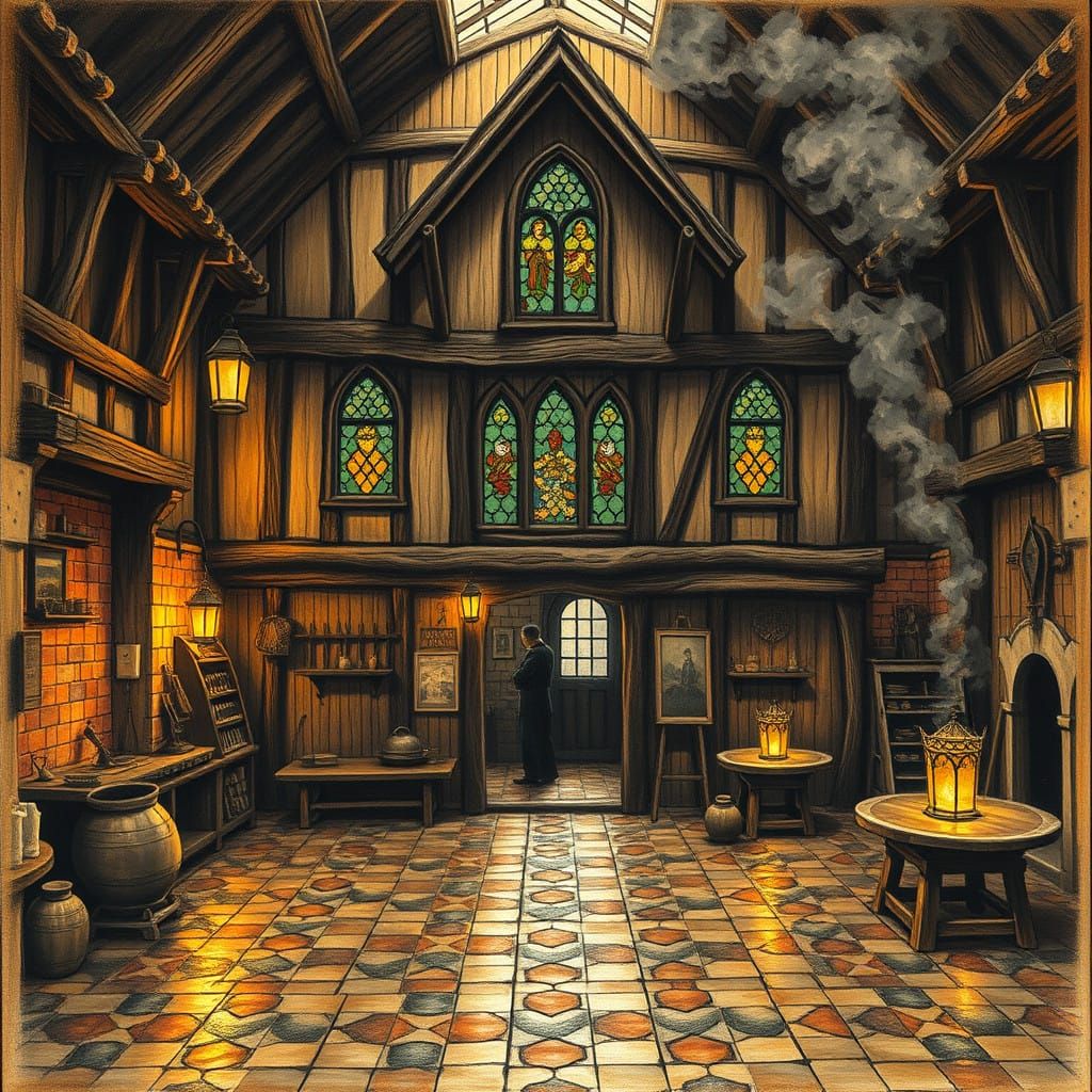 The shop is a single storey half-timbered building, with several ...