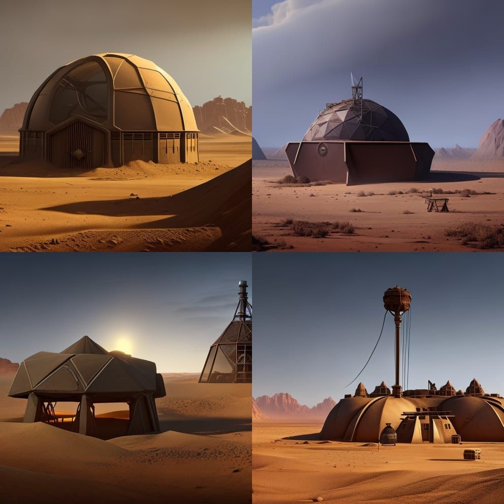 ruined geodesic dome in a desert and concrete bunker with radio antenna ...