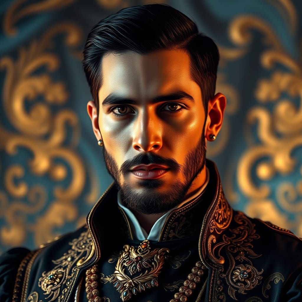 Baroque Latino Nobleman in Regal Attire with Drama... - AI Art