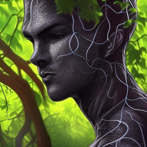 A shadowy very large figure lurking in the trees covered with vines ...